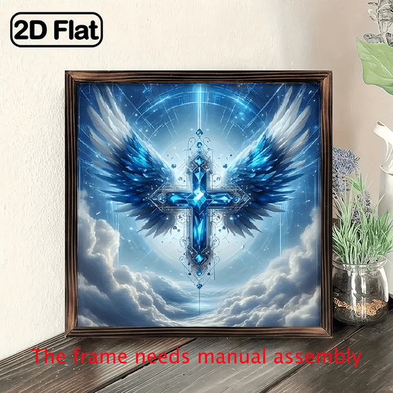 8-inch 2D flat "Blue Cross-Strap Wings" wooden framed painting, easy to ...