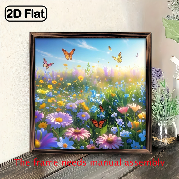 8-inch 2D flat "Butterfly Among Flowers" wooden framed painting, easy ...