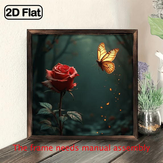 8-inch 2D flat "Butterfly and Red Rose" wooden framed painting, easy to ...
