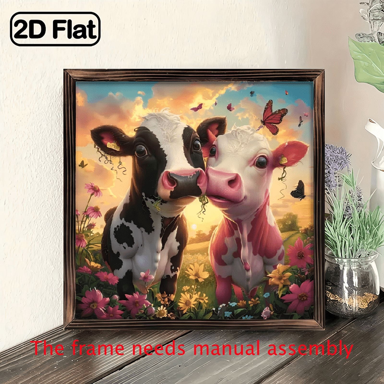 8-inch 2D flat "Close-up Cow" wooden framed painting, easy to install ...