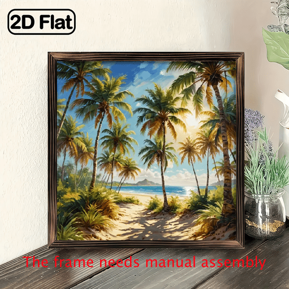 8-inch 2D flat "Coastal Palm Grove" wooden frame painting. Easy to ...