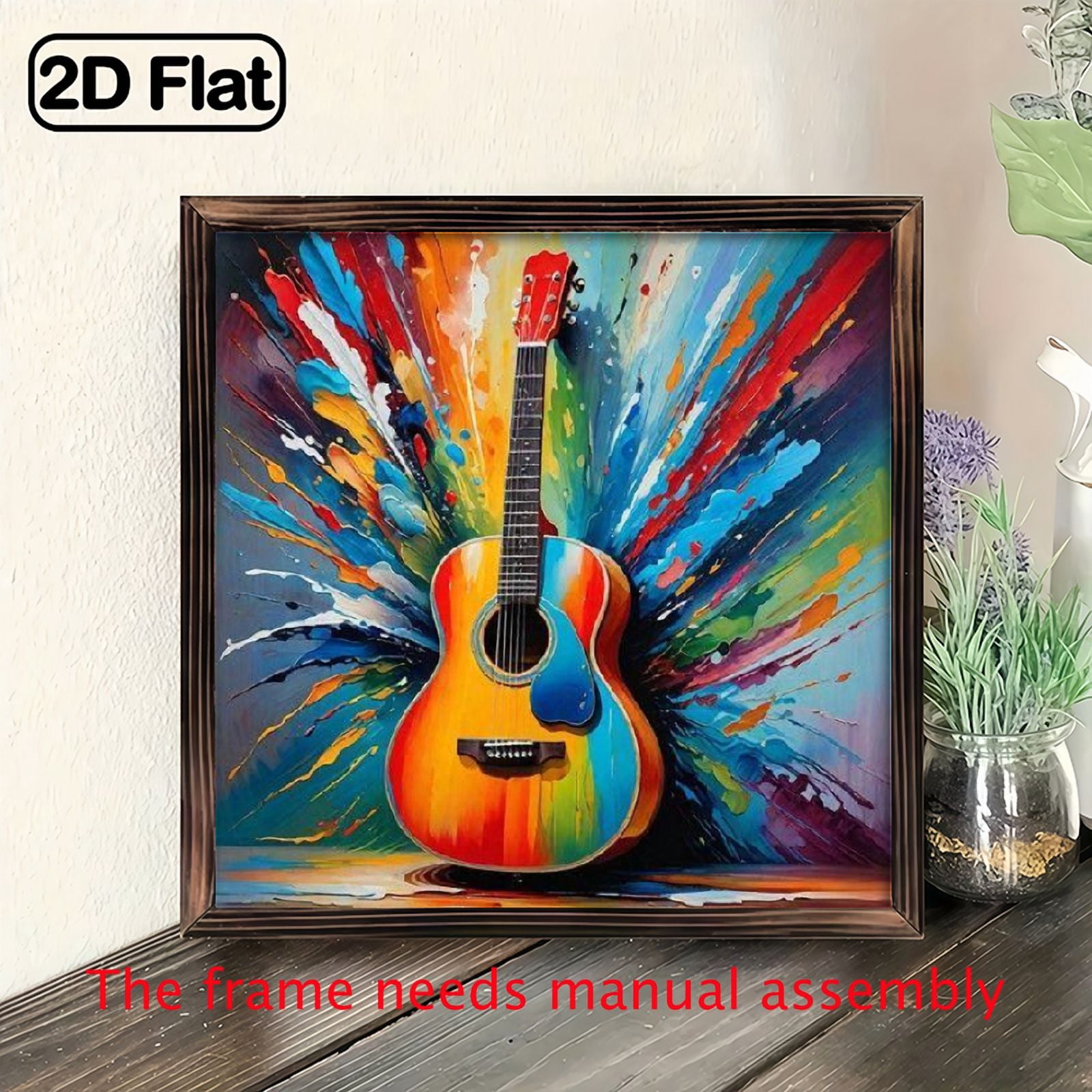 An 8-inch 2D flat "Colorful Guitar" themed wooden frame painting ...
