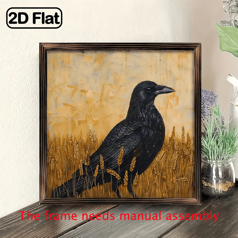 8-inch 2D flat "Crow in the Wheat Field" themed wooden frame painting ...