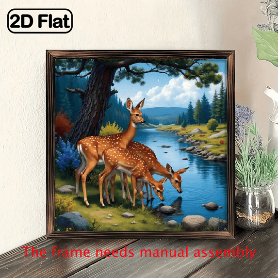 8-inch 2D flat "Deer Drinking Water" wooden frame painting, easy to ...