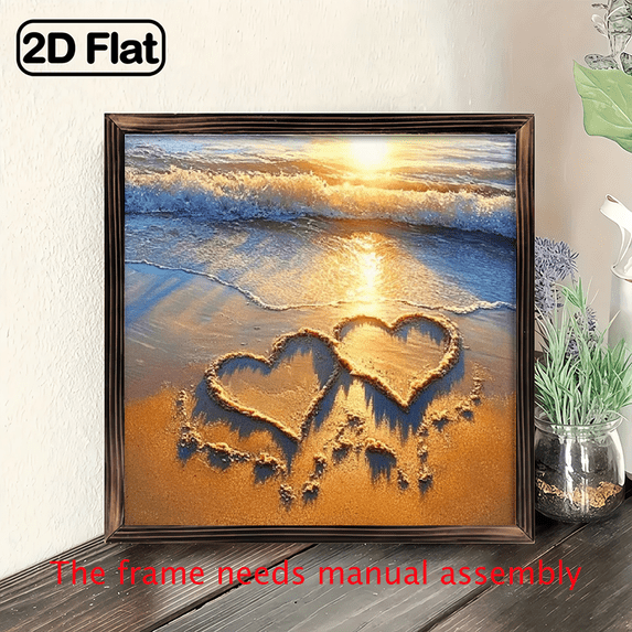 8-inch 2D flat "Double Heart Beach" theme wooden frame painting ...