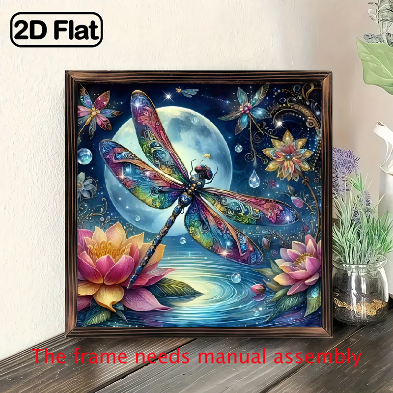 8-inch 2D flat "Dragonfly on Lotus Pond" wooden frame painting. Easy to ...