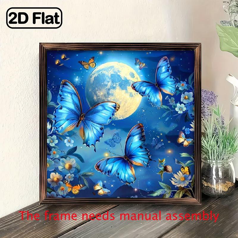 8-inch 2D flat "Dreamy Blue Butterflies" themed wooden frame painting ...