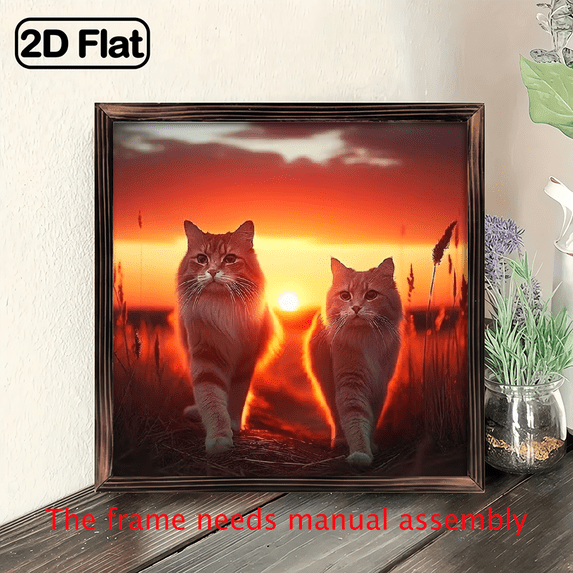 8-inch 2D flat "Dusk and Cats" themed wooden frame painting, suitable ...
