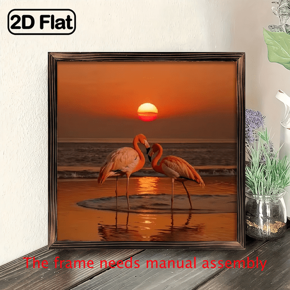 8-inch 2D flat "Dusk Flamingo" wooden framed painting, easy to install ...