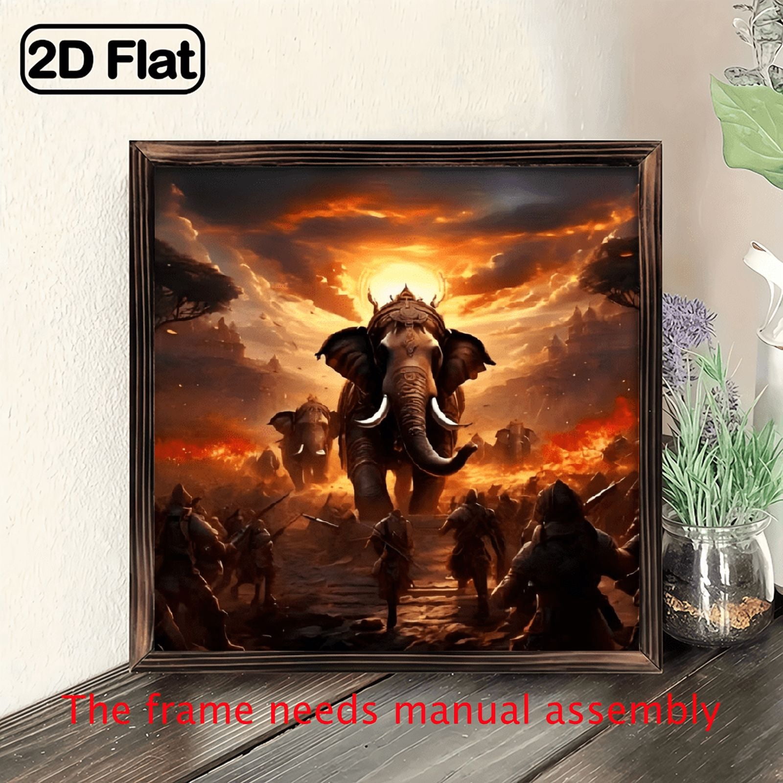 8-inch 2D flat "Elephant Warrior" wooden frame painting, easy to ...