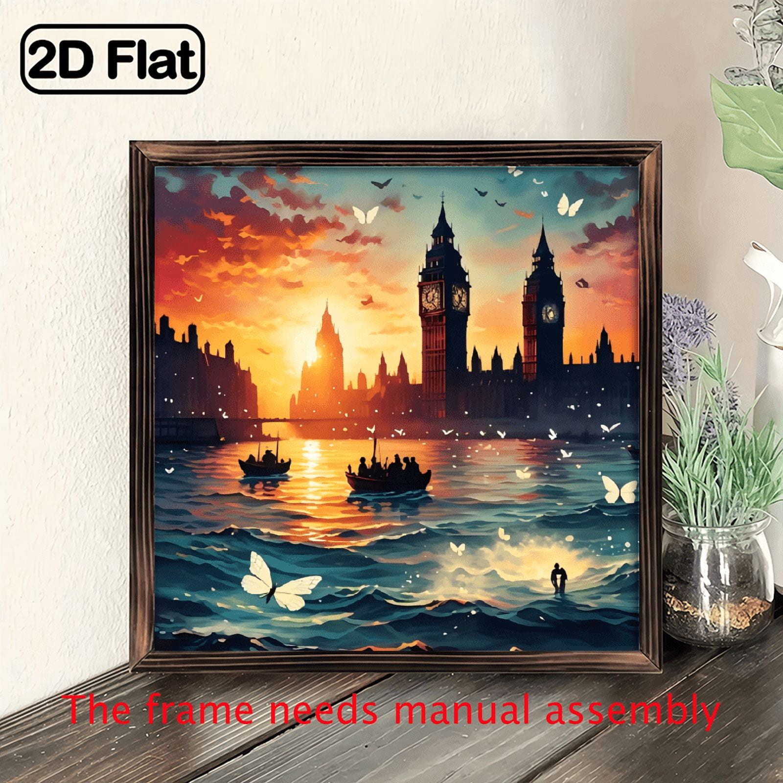 8-inch 2D flat "Evening City Lake View" wooden frame painting. Easy to ...