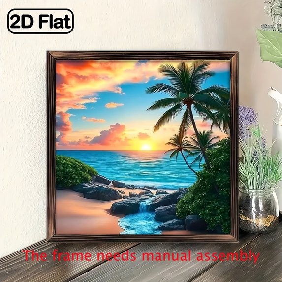 8-inch 2D flat "Evening Sea View" wooden frame painting, easy to ...