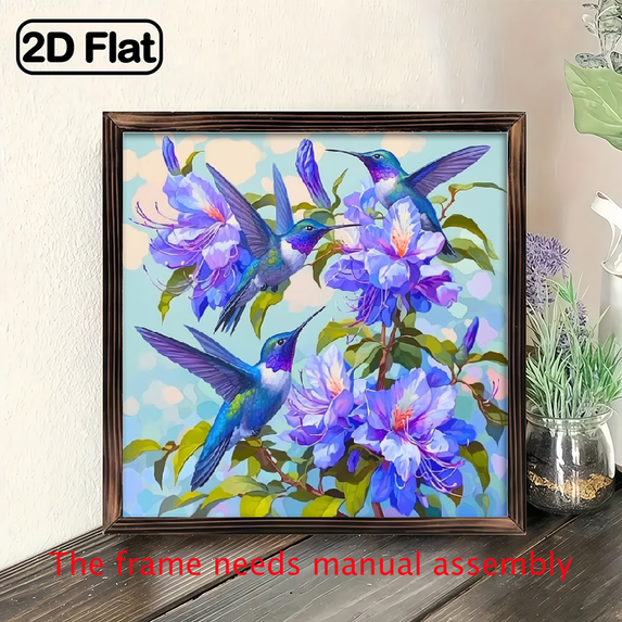 8-inch 2D flat "Flowers and Hummingbirds" themed wooden frame painting ...