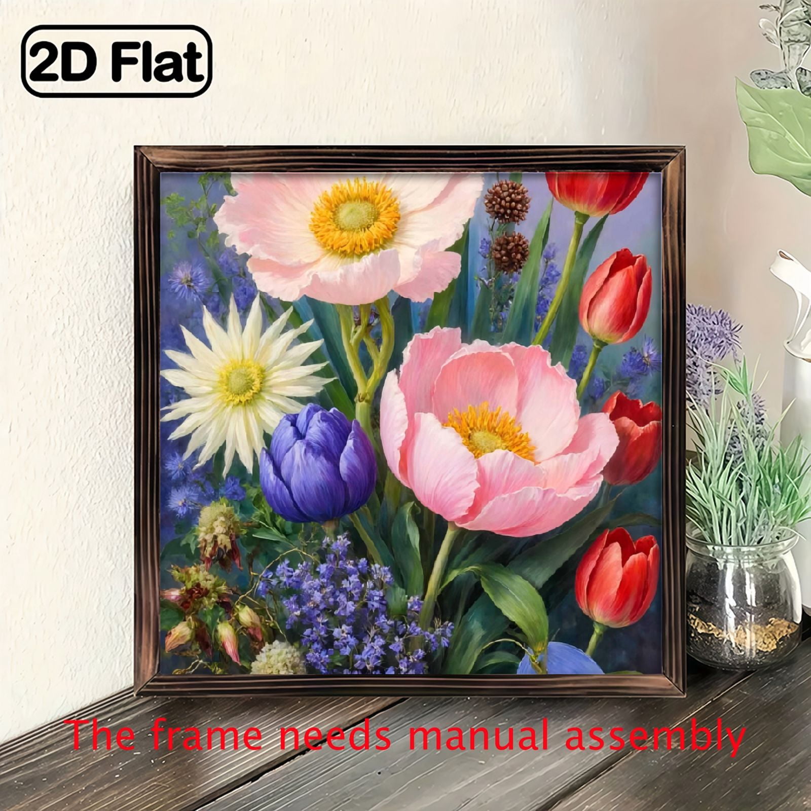 8-inch 2D flat "Flowers" theme wooden frame painting, suitable for wall ...