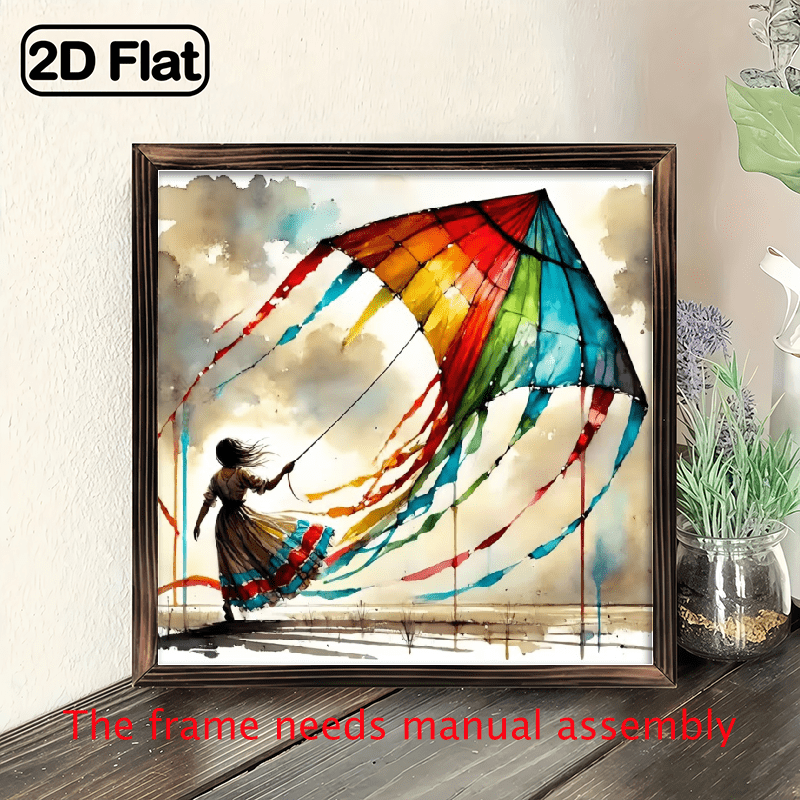 An 8-inch 2D flat "Flying Kite" theme wooden frame painting. Suitable ...