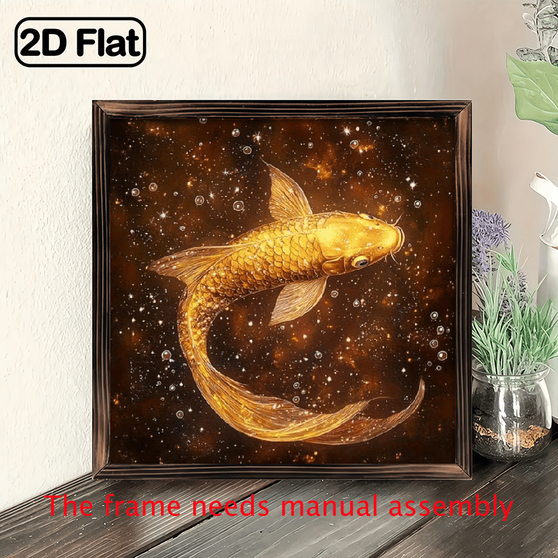 8-inch 2D flat "Golden Carp" wooden frame painting. Easy to install ...