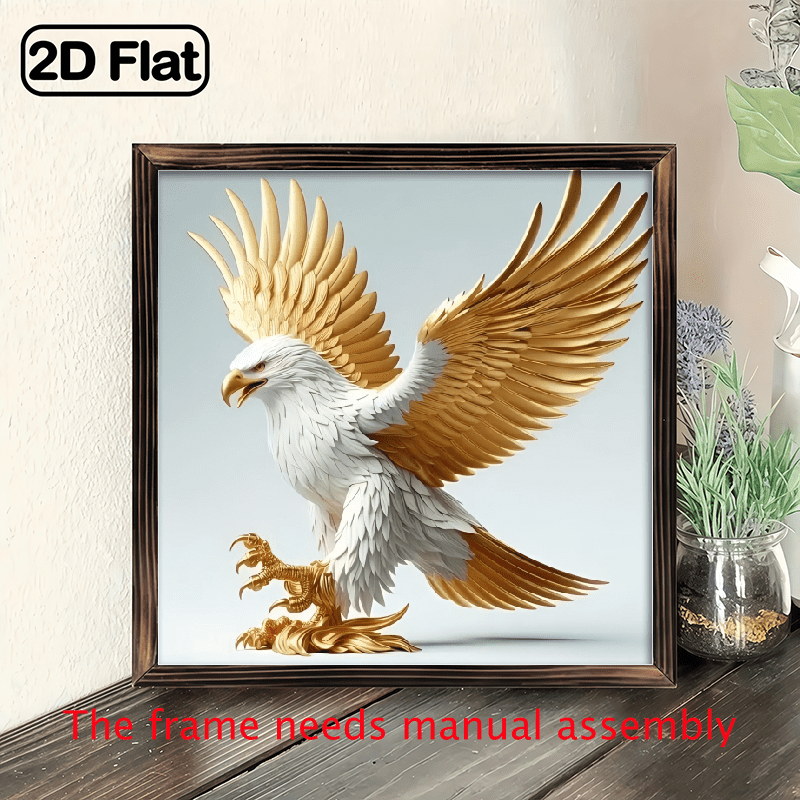8-inch 2D flat "Golden Winged Eagle" themed wooden frame painting ...