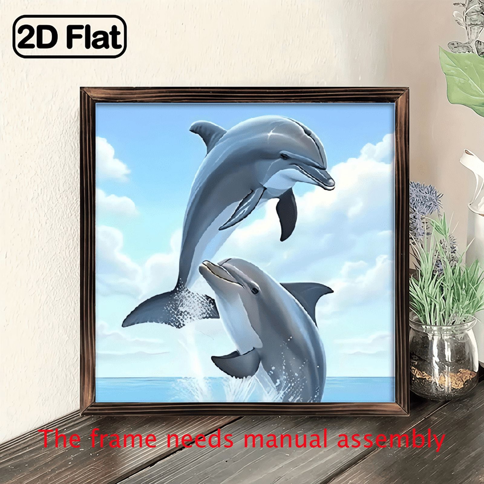8-inch 2D flat "Happy Dolphins" theme wooden frame painting, suitable ...