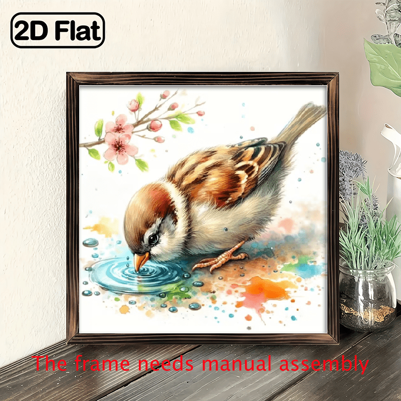 8-inch 2D flat "Little Bird Drinking Water" theme wooden frame painting ...