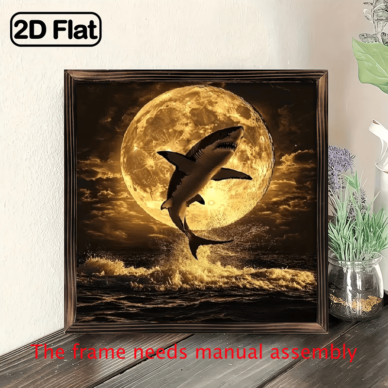 8-inch 2D flat "Moonlight Shark" wooden frame painting, easy to install ...