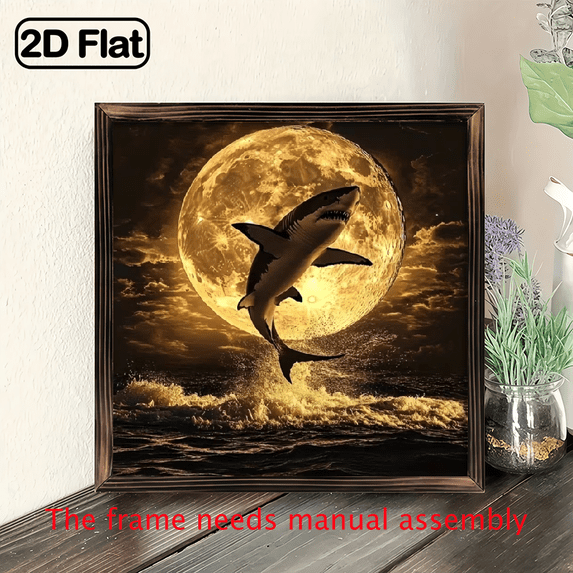 8-inch 2D flat "Moonlight Shark" wooden frame painting, easy to install ...