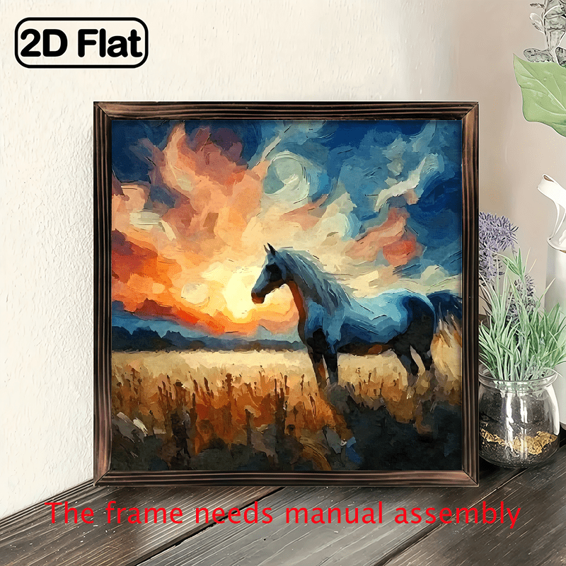 8-inch 2D flat "Oil Painting Wild Horse" wooden frame painting, easy to ...