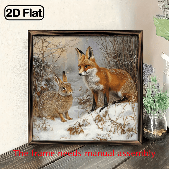 8-inch 2D flat "Rabbit and Fox" wooden framed painting, easy to install ...