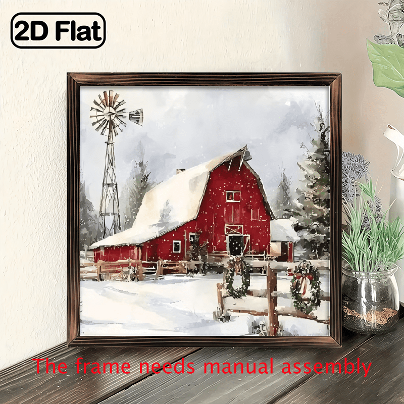 8-inch 2D flat "Red Barn in the Snow" wooden frame painting ...