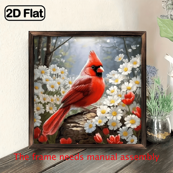 8-inch 2D flat "Red Bird and White Flower" wooden frame painting ...