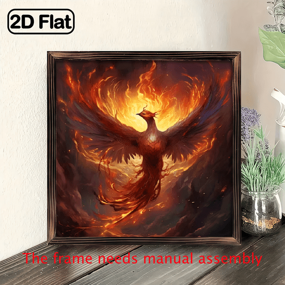 8-inch 2D flat "Red Fire Phoenix" wooden frame painting. Installation ...