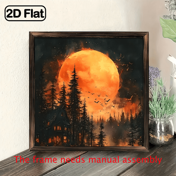 8-inch 2D flat "Red Moon Forest" wooden frame painting, easy to install ...