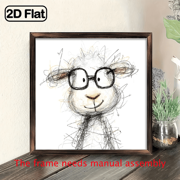 8-inch 2D flat "Scrawled Sheep" wooden framed painting, easy to install ...