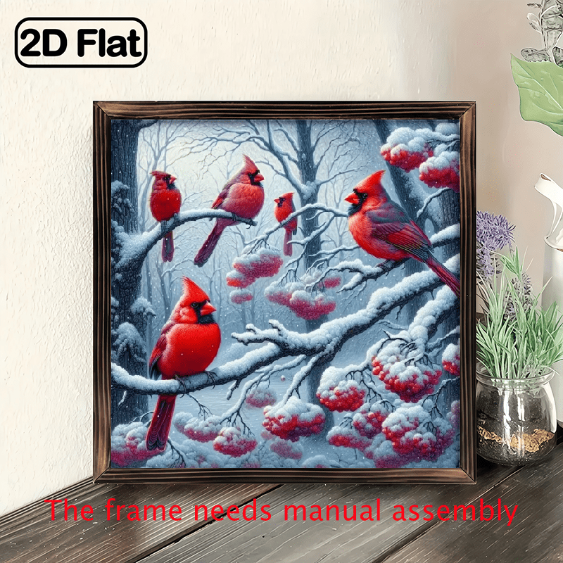 8-inch 2D flat "Snow Forest Red Birds" themed wooden frame painting ...