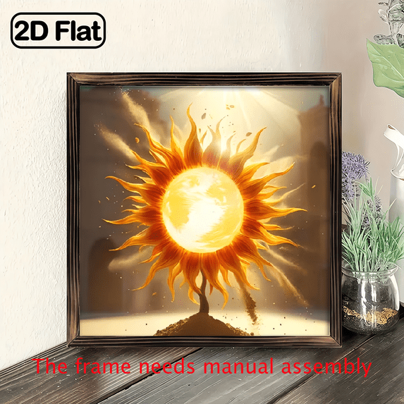 8-inch 2D flat "Sun - Sunflower" wooden frame painting, easy to install ...