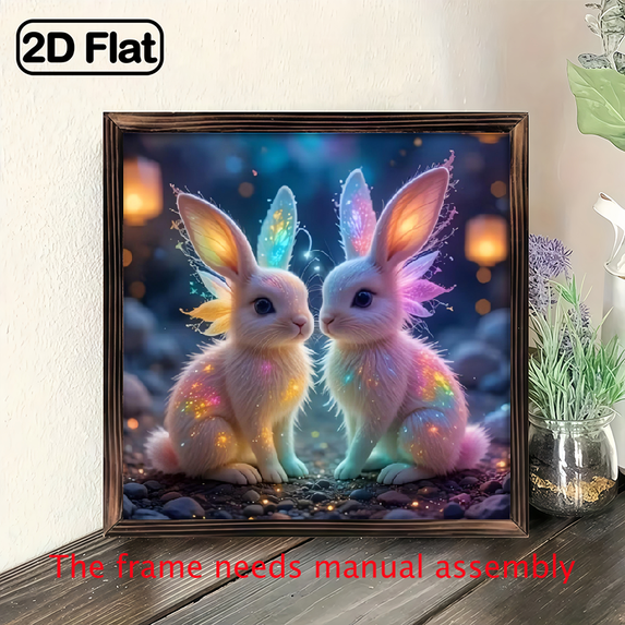 8-inch 2D flat "Two Shining Rabbits" wooden frame painting, easy to ...