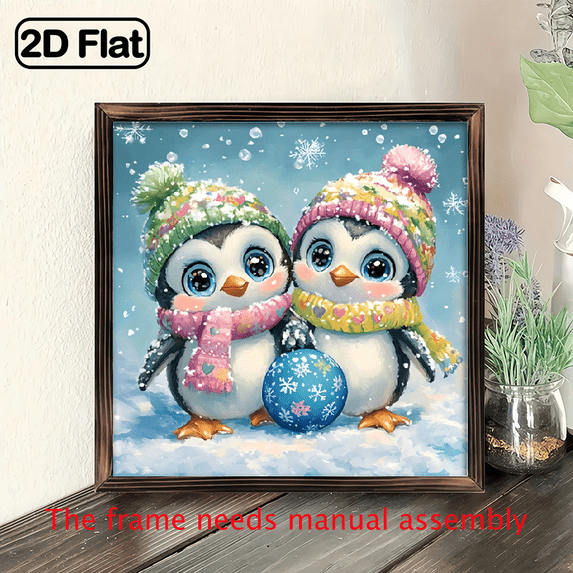 8-inch 2D flat "Warm Penguins" wooden frame painting, easy to install ...
