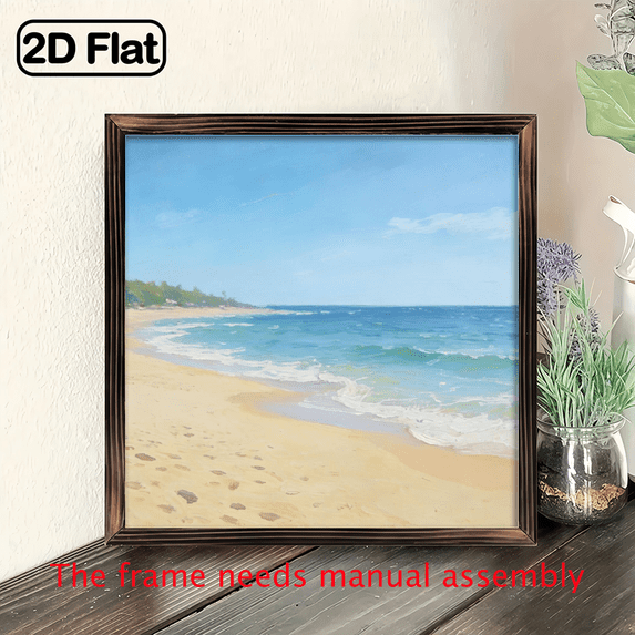 8-inch 2D flat "Wave and Beach" wooden frame painting, easy to install ...