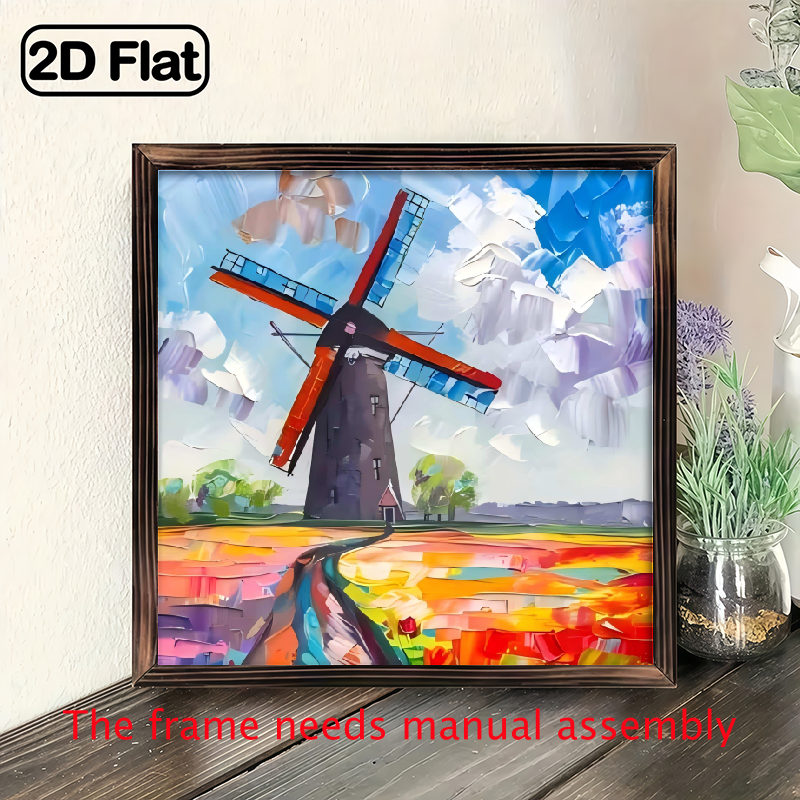 An 8-inch 2D flat "Windmill in the Field" themed wooden frame painting ...