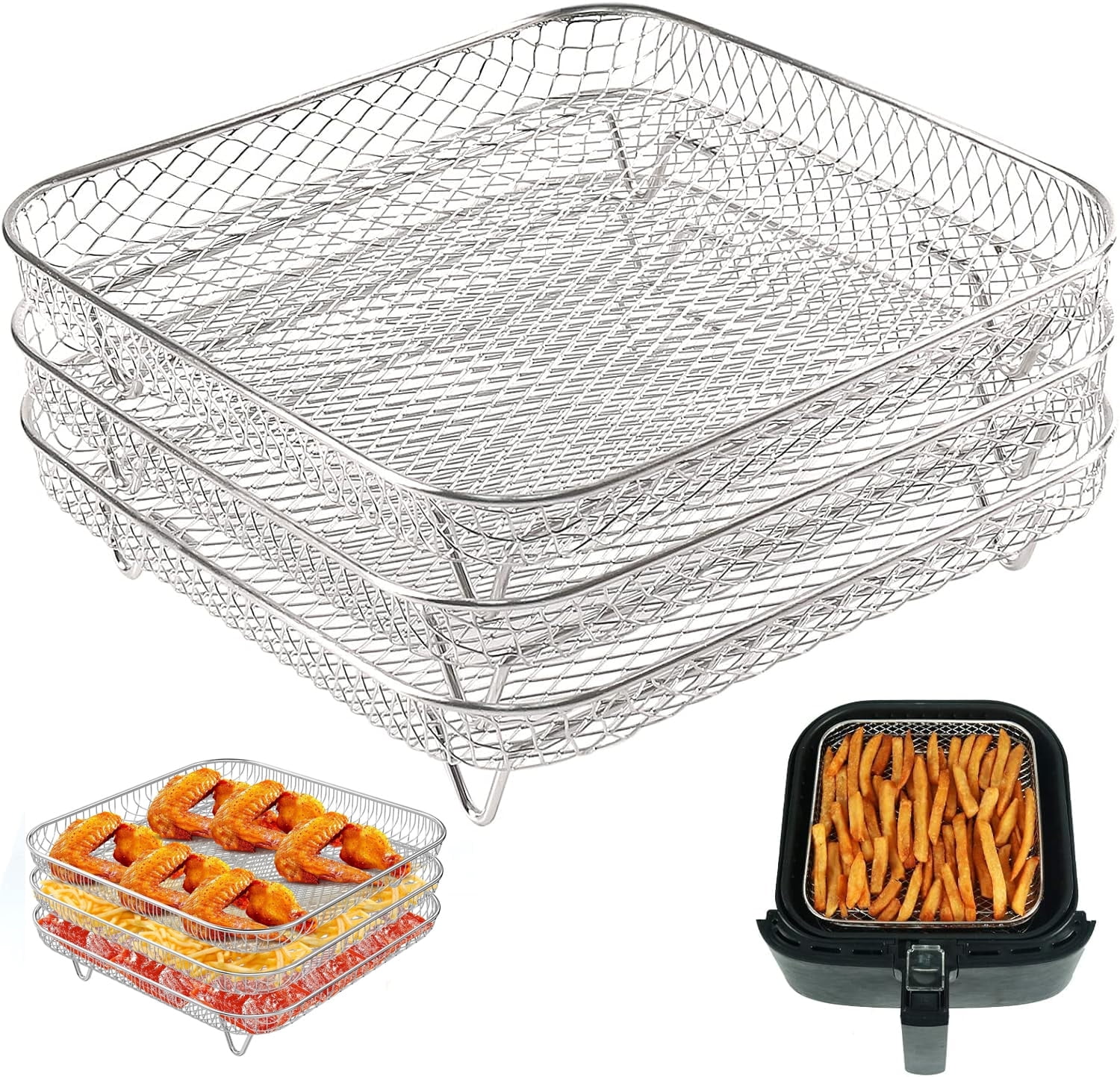 8 inch Air Fryer Rack Set of 3, Non-Stick Air Fryer Tray,Stackable ...