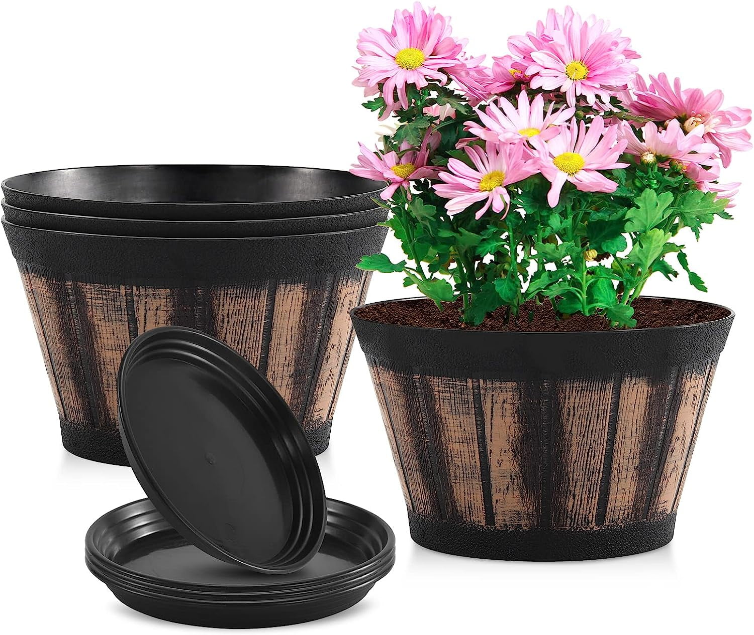 8 inch Brown Plastic Whiskey Barrel Plant Pots Set of 4 with Drainage ...