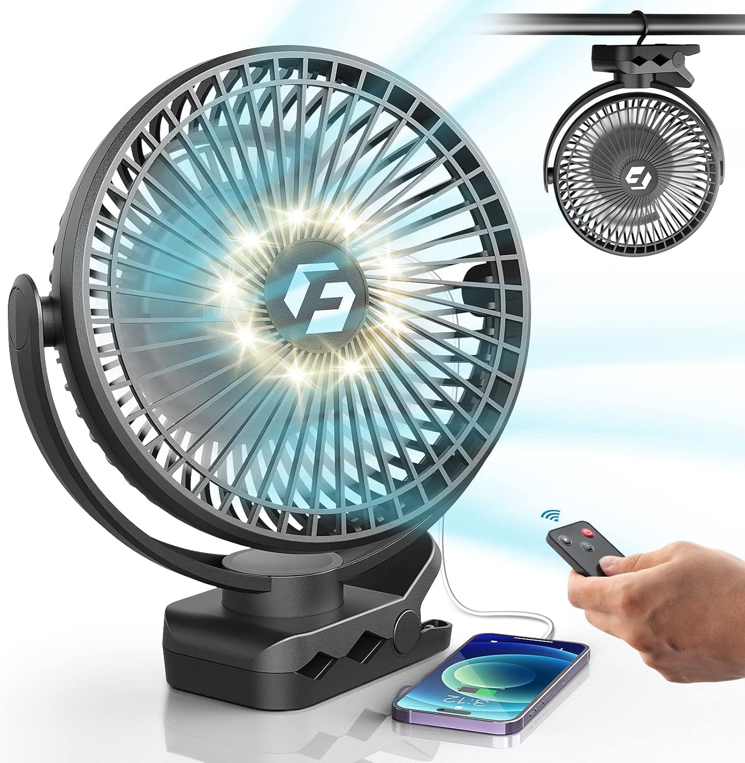 8-inch Clip on Fan - 12000mAh Portable Fan Battery Rechargeable with 3 ...