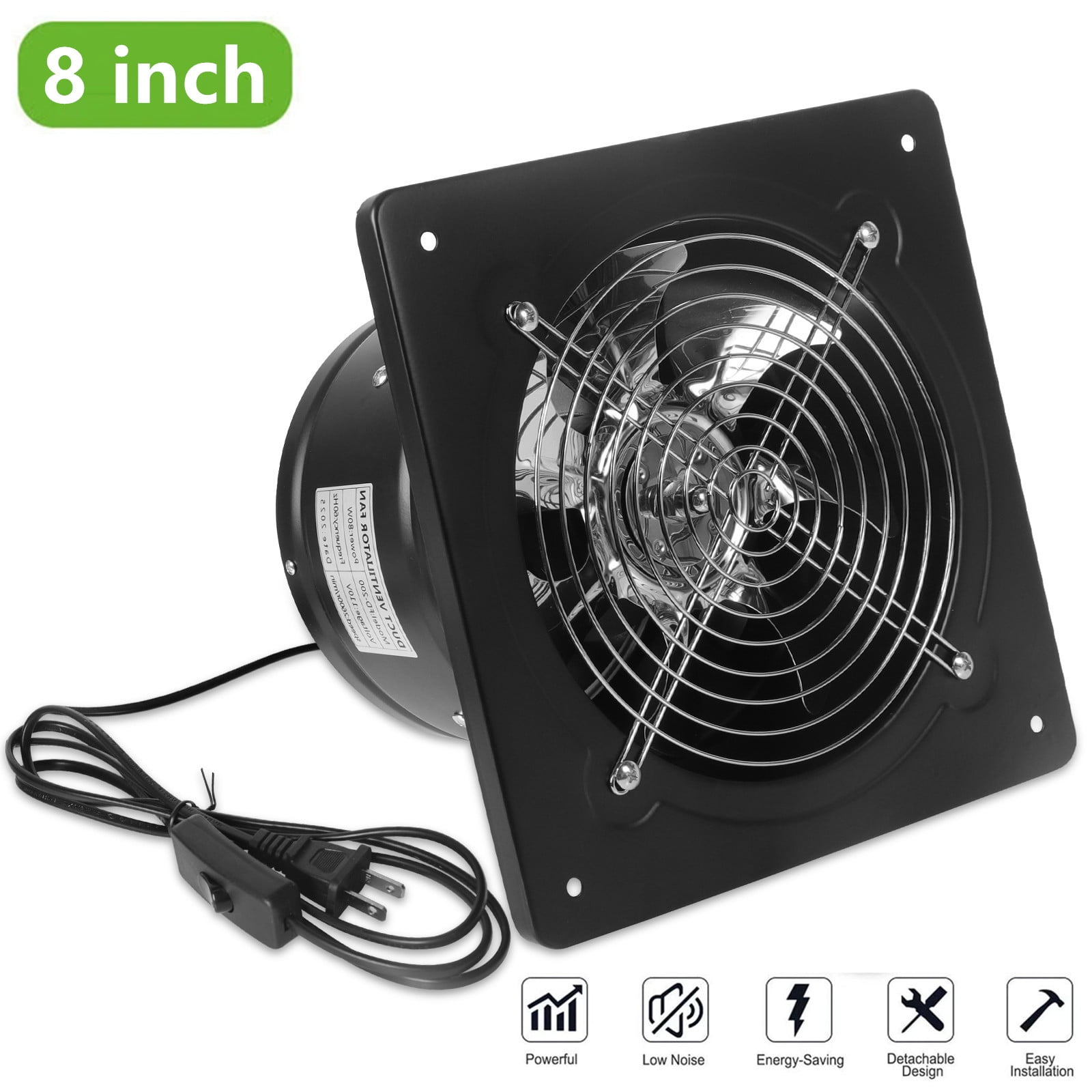 8 inch Exhaust Fan, 110V 80W Wall Mounted Vent Fans, 2800 RPM ...