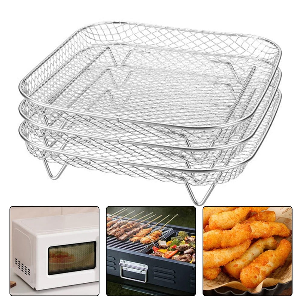 8 inch Square Air Fryer Rack, Set of 3, Stackable Multi-Layer Stainless Steel Dehydrator Rack ...