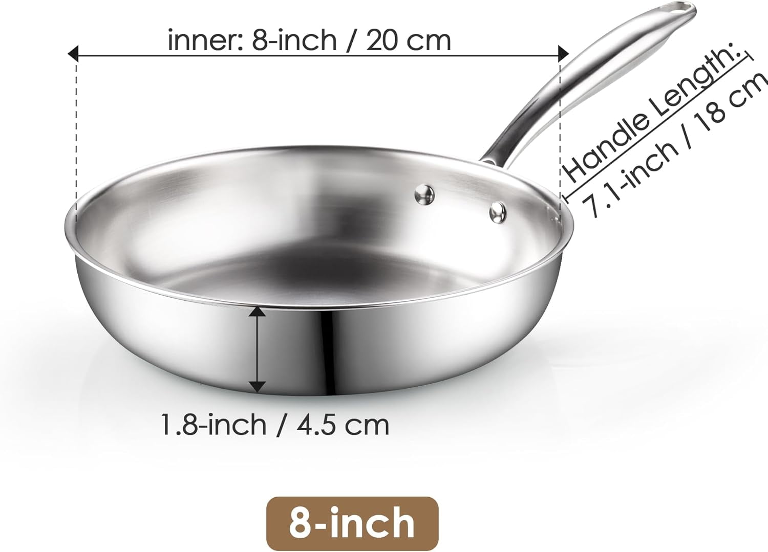8-inch Stainless Steel Frying Pan, Tri-Ply Clad Skillet for Induction ...