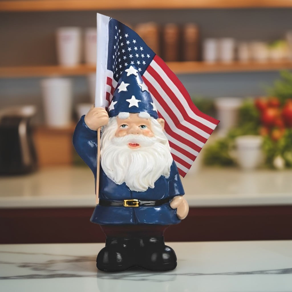 An 8-inch tall dwarf with an American flag statue, sculpture, decoration, home/room decoration ...