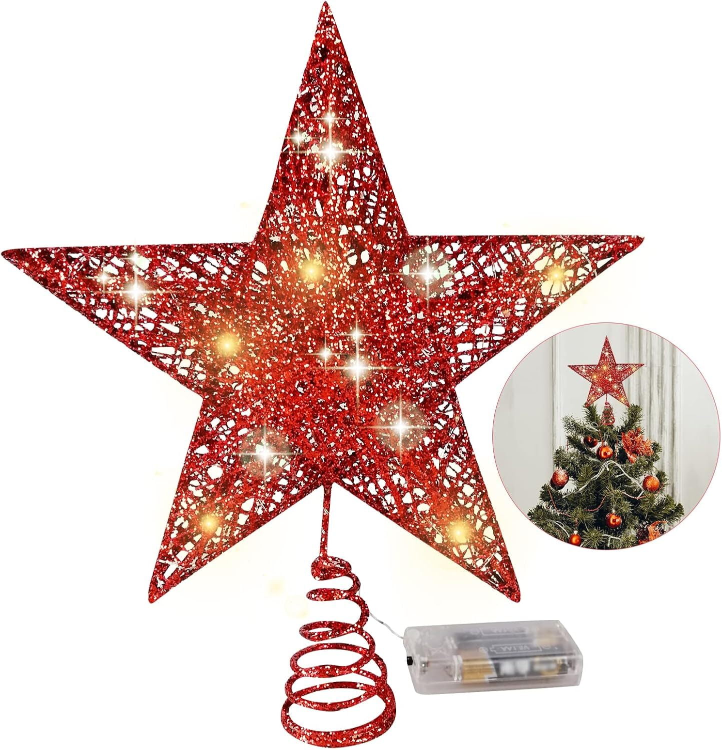 8 inches Red Star Tree Topper, Lighted Christmas Tree Star with Holder ...