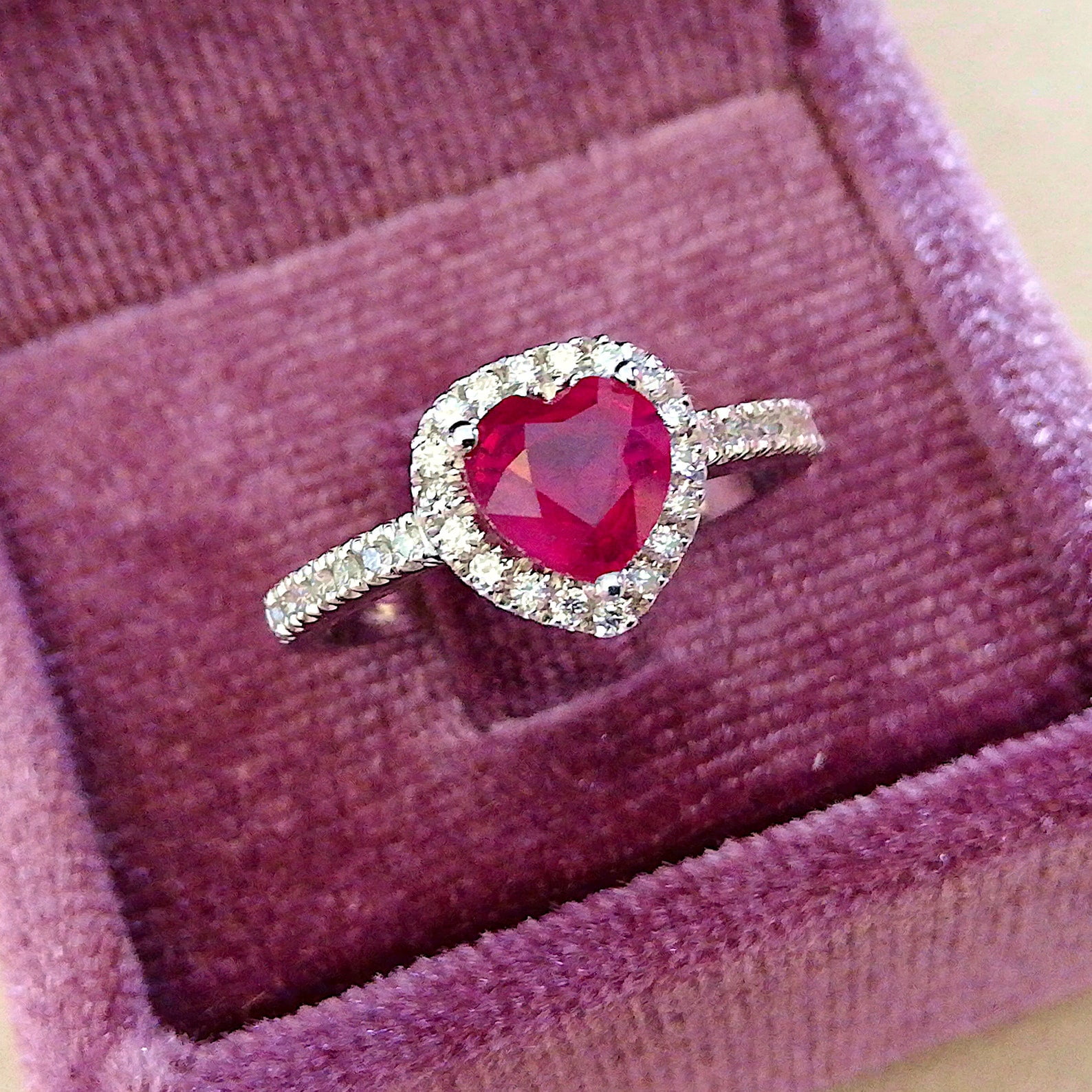 8 mm Ruby Halo Engagement Ring, 925 Silver Ruby Heart Cut Proposal Ring ...