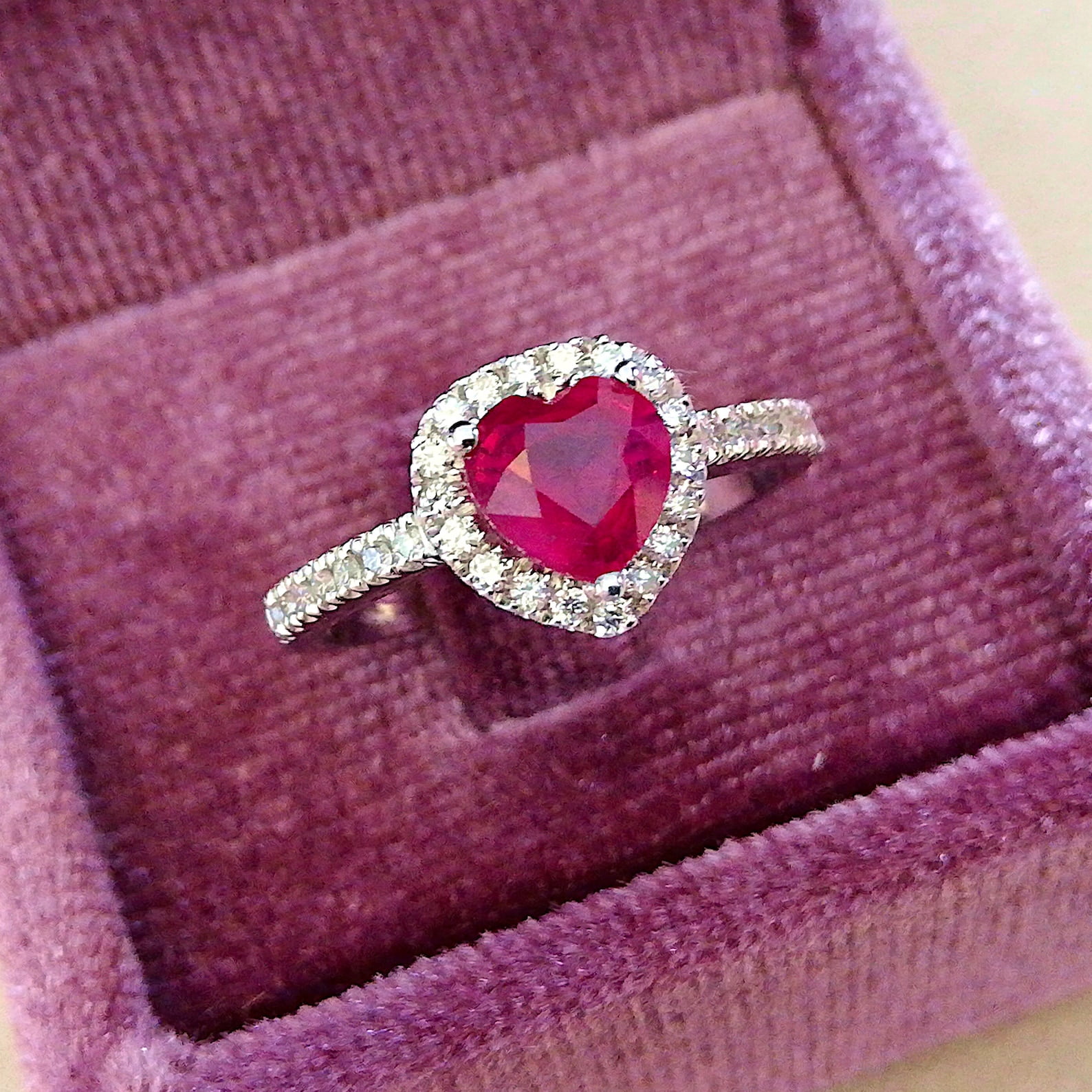 8 mm Ruby halo engagement ring in 14k white gold, Ruby heart ring ...