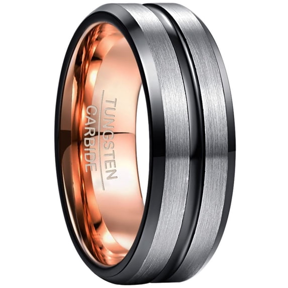 8 mm Wide Rose Gold Inner Ring Black Channel Brushed Tungsten Steel Men ...