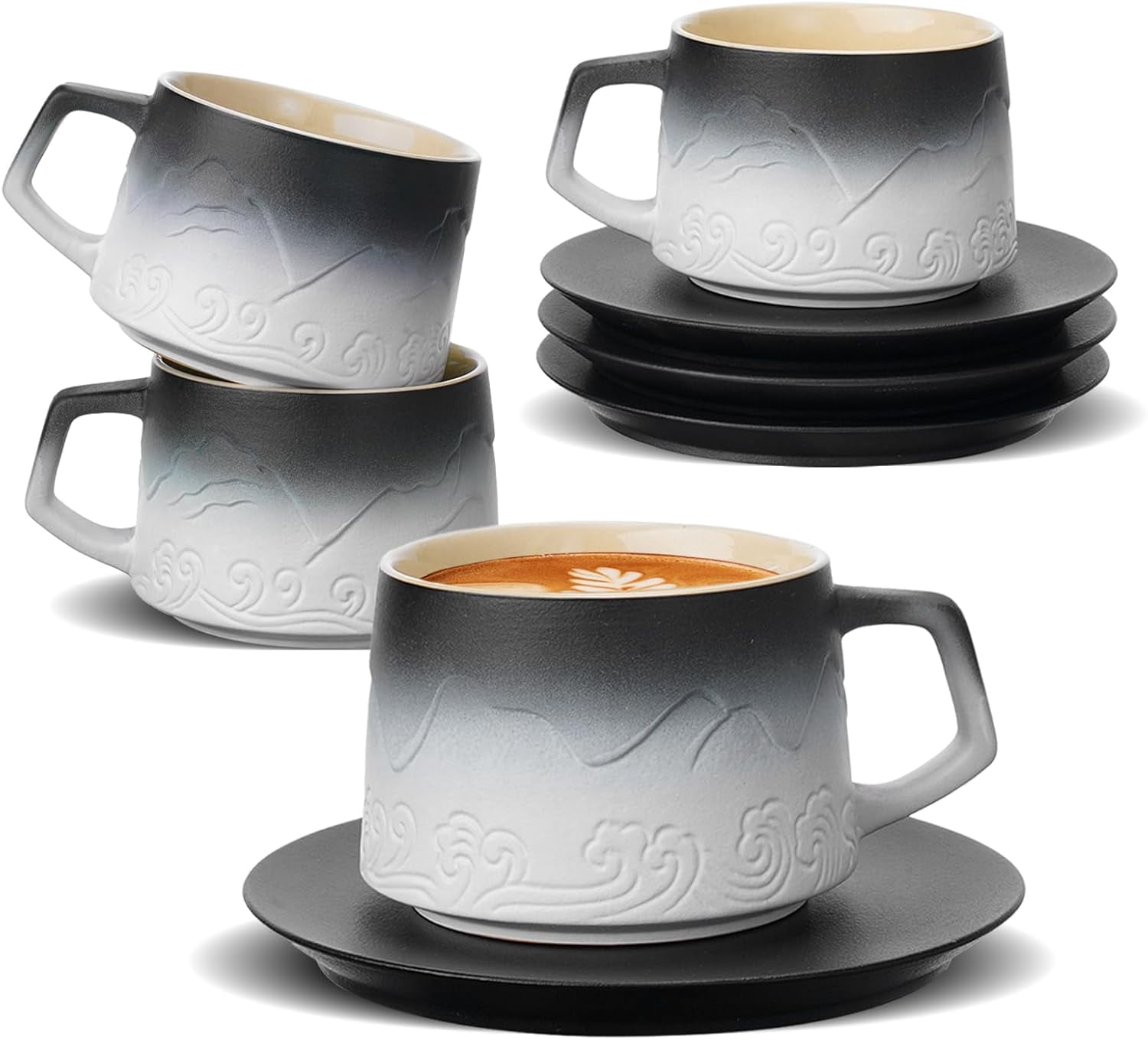8 oz Cappuccino Cups Set of 4 with Saucers, Embossment Ceramic Latte ...